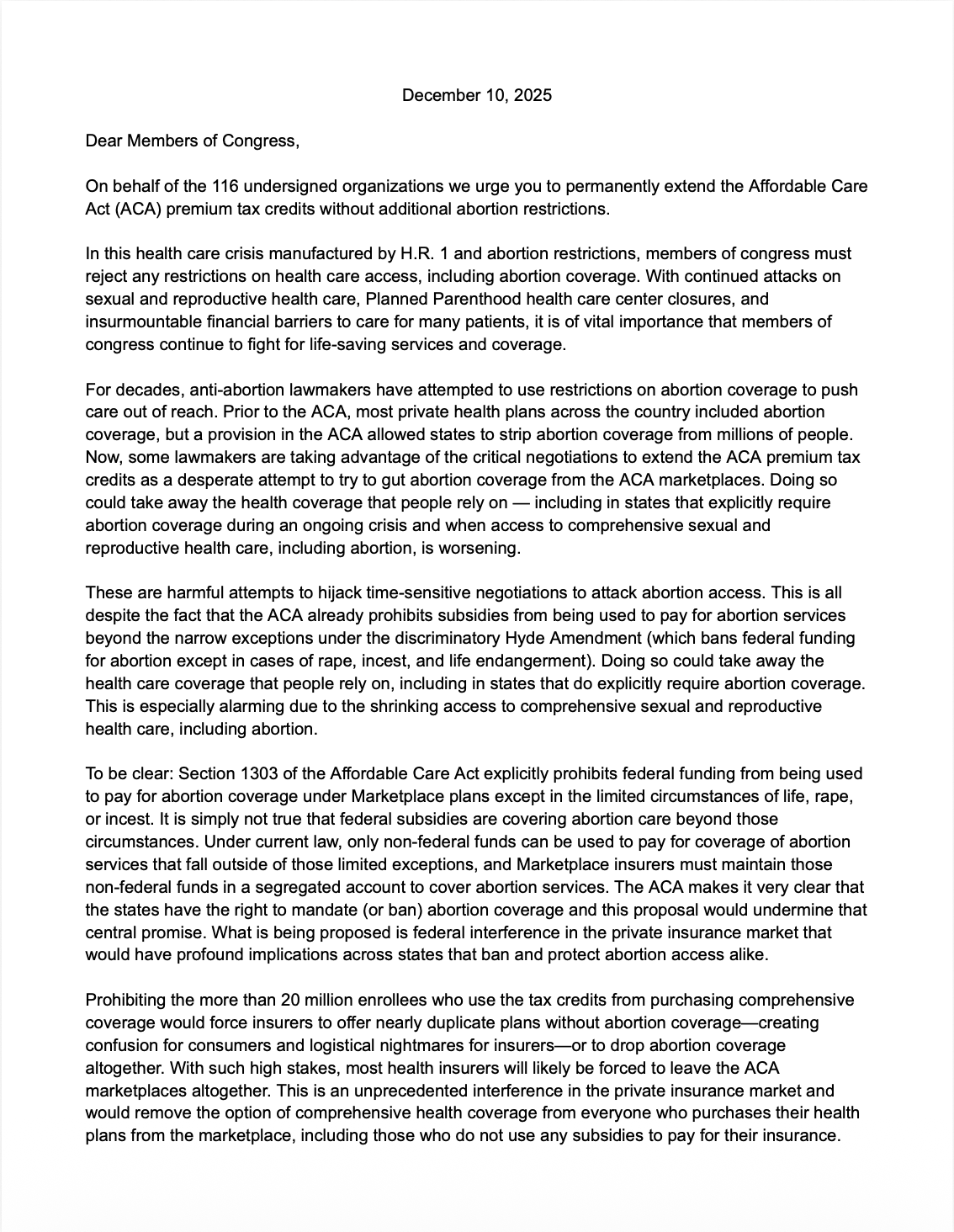Letter to Congress: Extend the ACA Premium Tax Credits - All* Above All